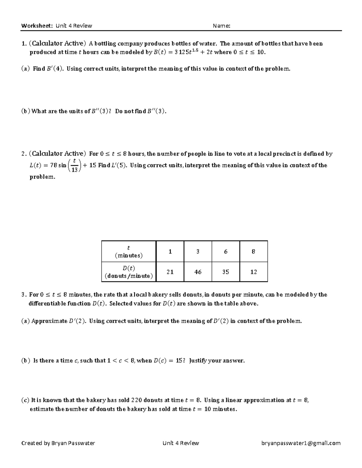 Unit 4 Calculus Review Worksheet: Derivatives and Applications - Studocu
