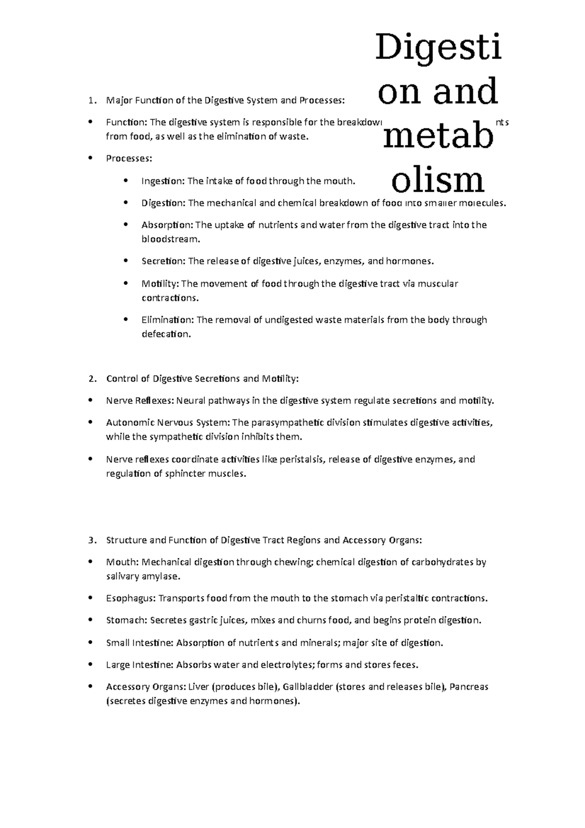 Nervous System & Digestive Function - Objective Notes (Exam Prep) - Studocu