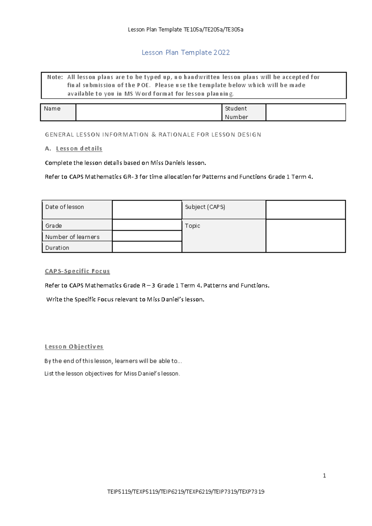 TMPF6212 Lesson Plan - it will help - 1 Lesson Plan Template 2022 Note ...