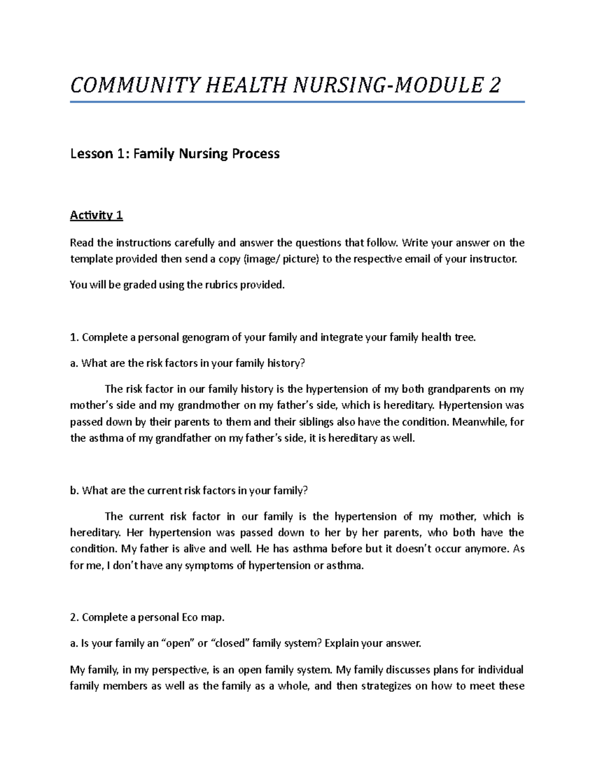 Community Health Nursing 1- Module 2 Activities - COMMUNITY HEALTH ...