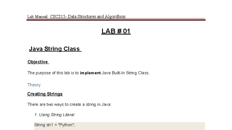 Lab Manual: Data Structures and Algorithms LAB 01 - Java String Class - Studocu