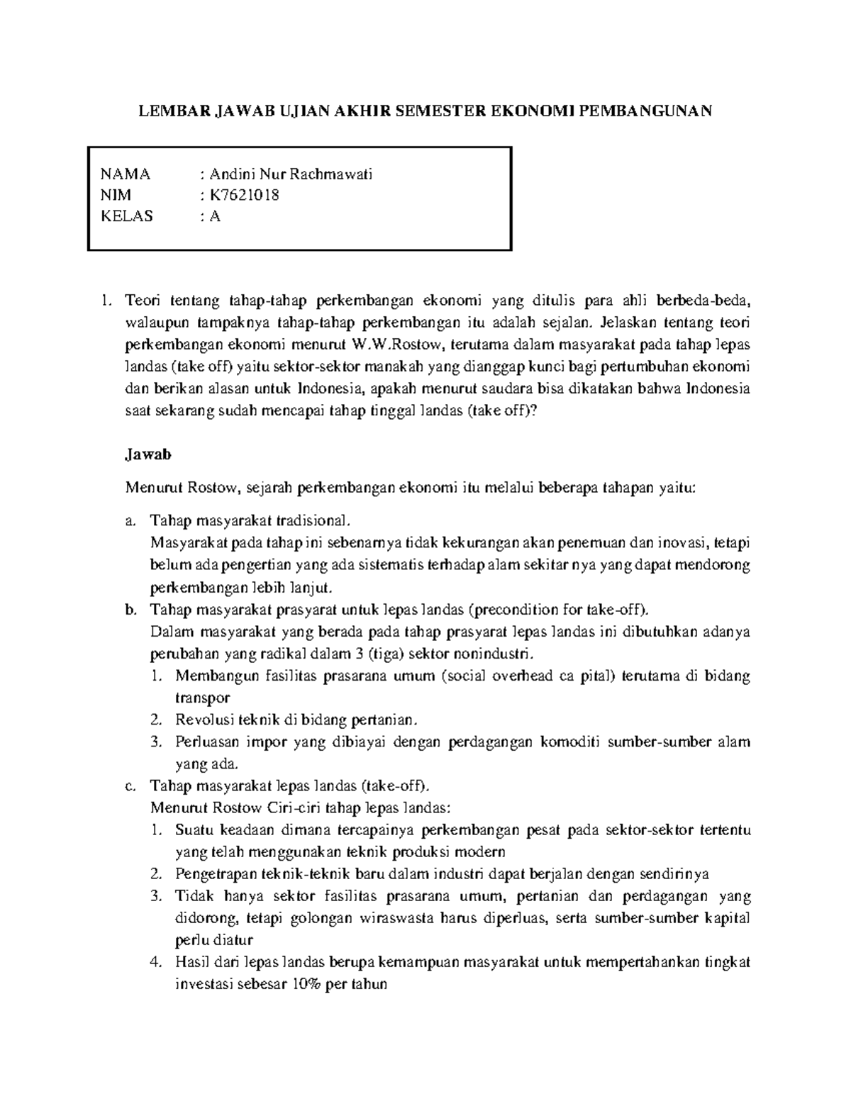 UJIAN AKHIR SEMESTER EKONOMI PEMBANGUNAN K7621018 - Andini Nur ...
