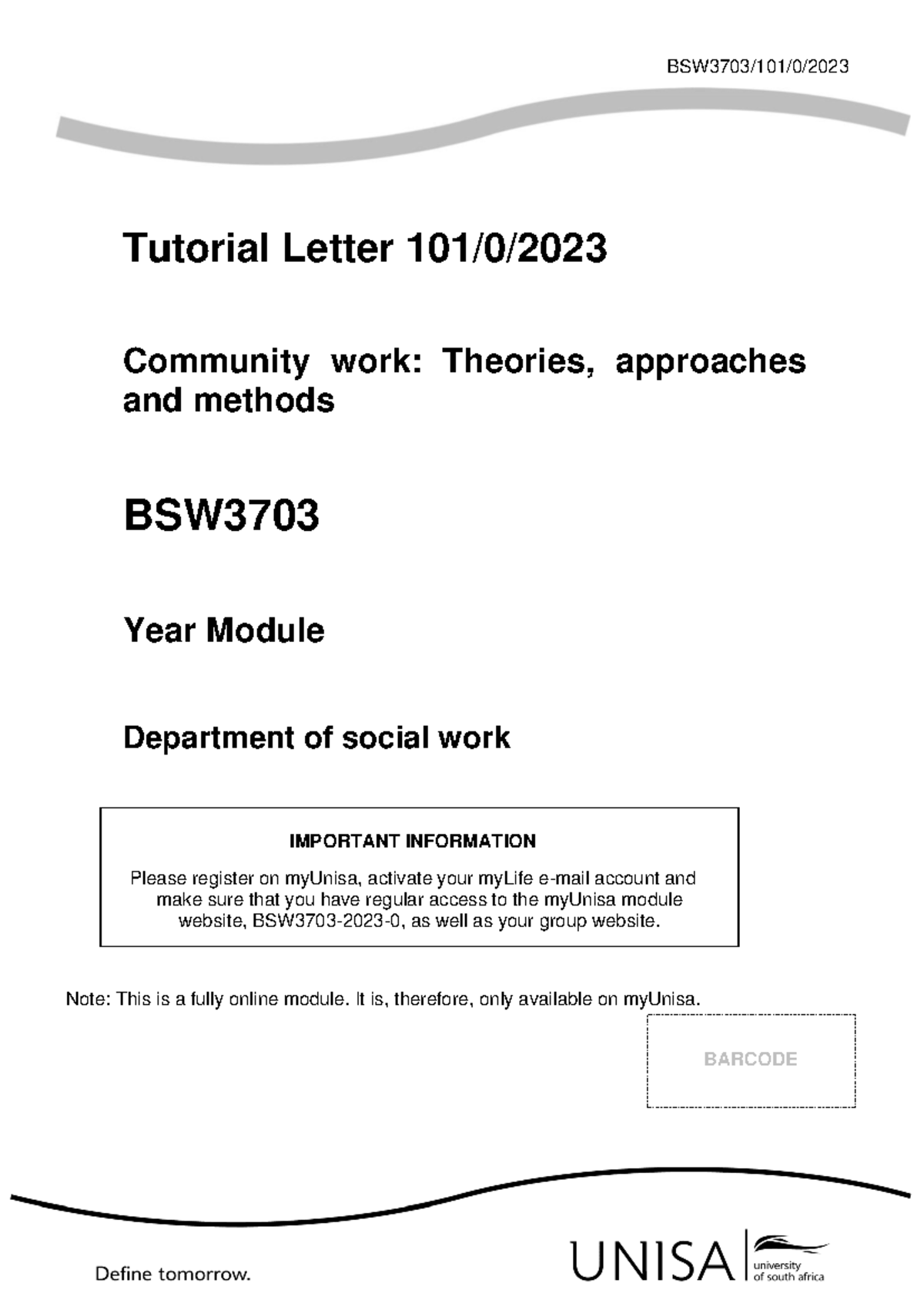 BSW3703 101 0 2023 - Comprehensive Study Guide for Community Work - Studocu