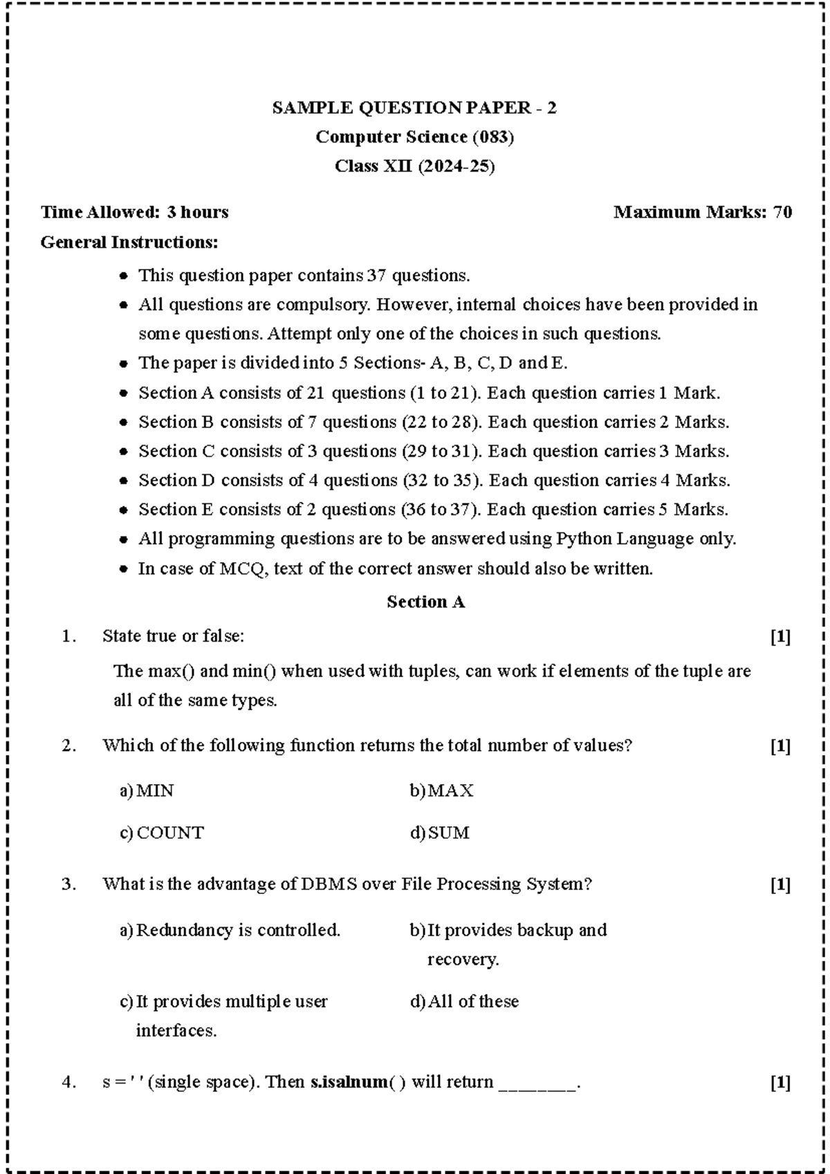 SAMPLE QUESTION PAPER 2 Computer Science (083) Class XII - Set 5 - Studocu