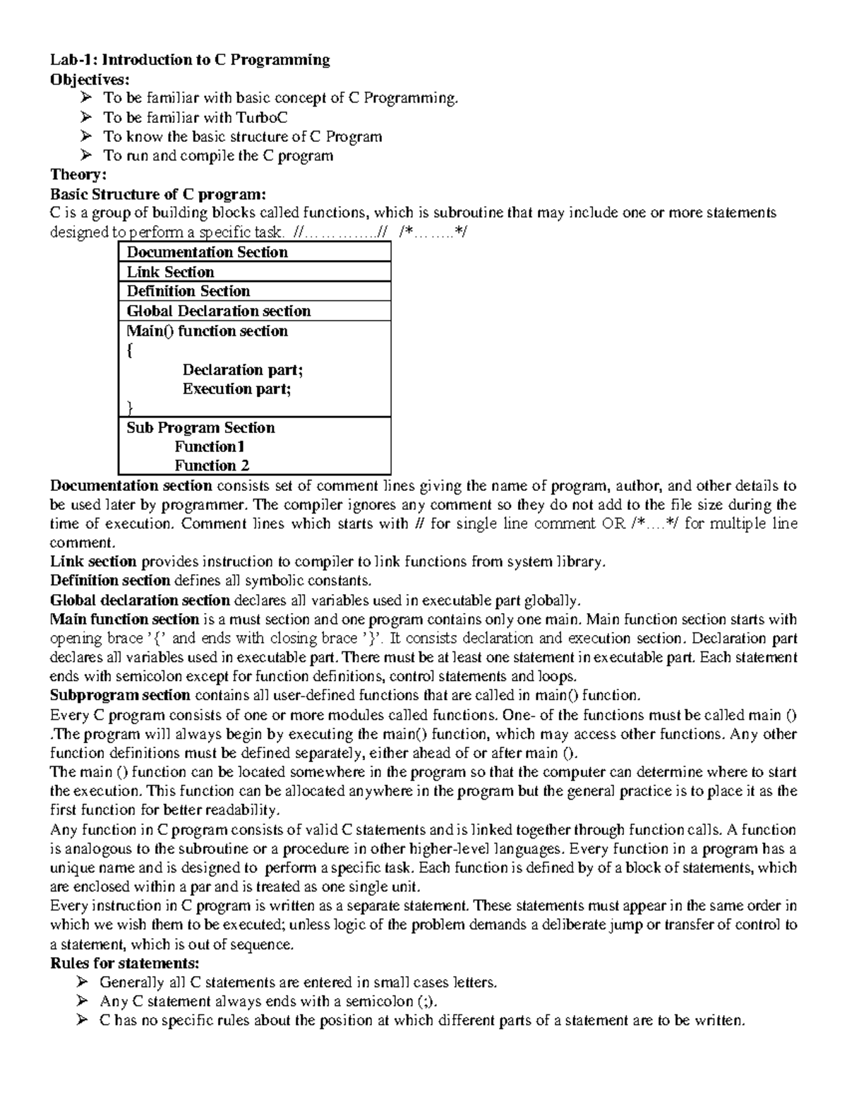 C Programming Basics: Structure, Functions, and I/O (CS101 Lab1) - Studocu
