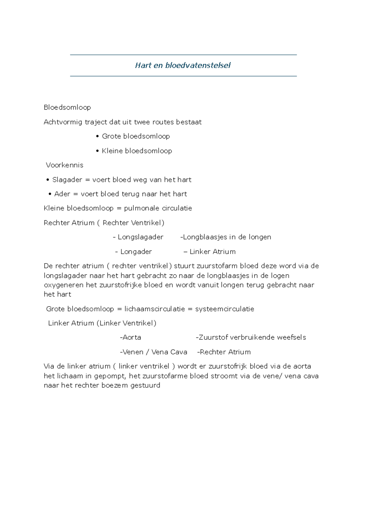 Hart en Bloedvatenstelsel: Anatomie en Functies van de Circulatie - Studocu