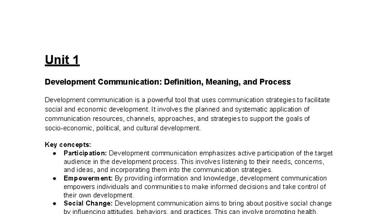 Unit 1: Development Communication - Definition, Meaning & Process - Studocu