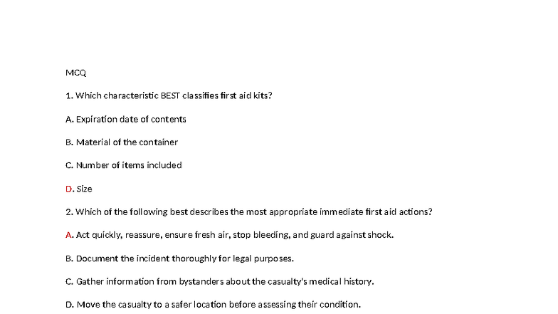 First AID Study Questions: MCQs and Answers for Exam Prep - Studocu