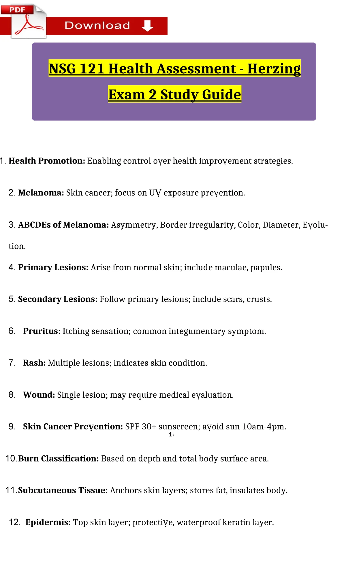 NSG 121 Health Assessment: Exam 1 Questions & Solutions - Studocu