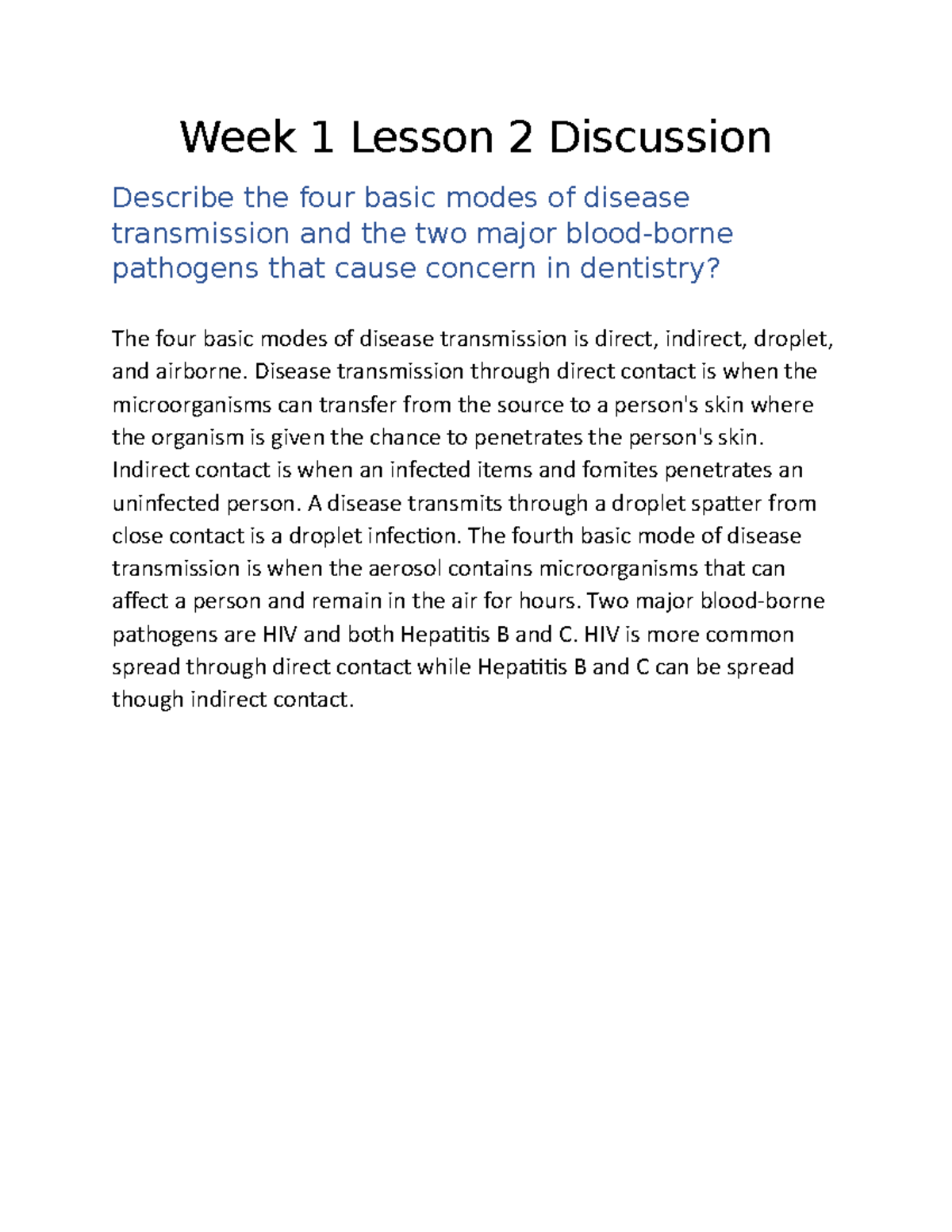 Week 1 Lesson 2 Discussion: Modes of Disease Transmission in Dentistry ...