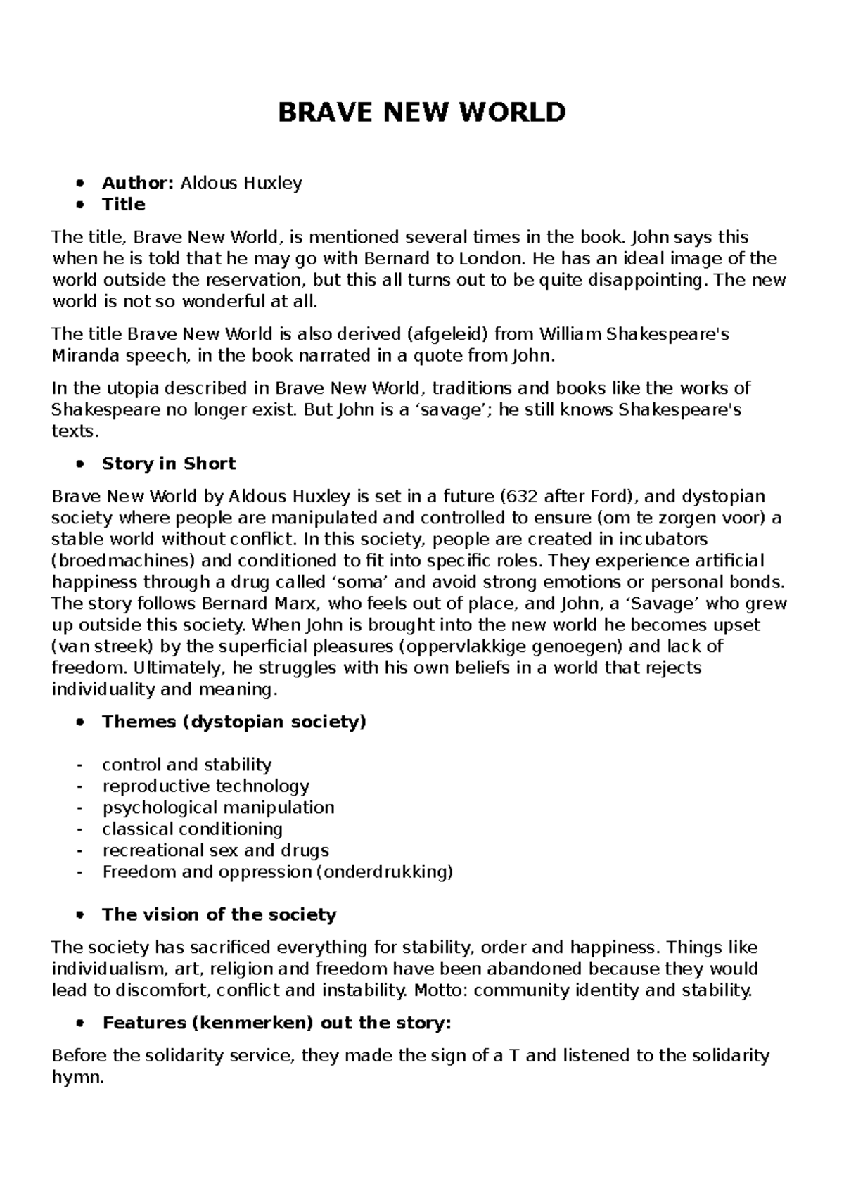 Brave New World (ENG 101) - Analysis and Themes Overview - Studocu