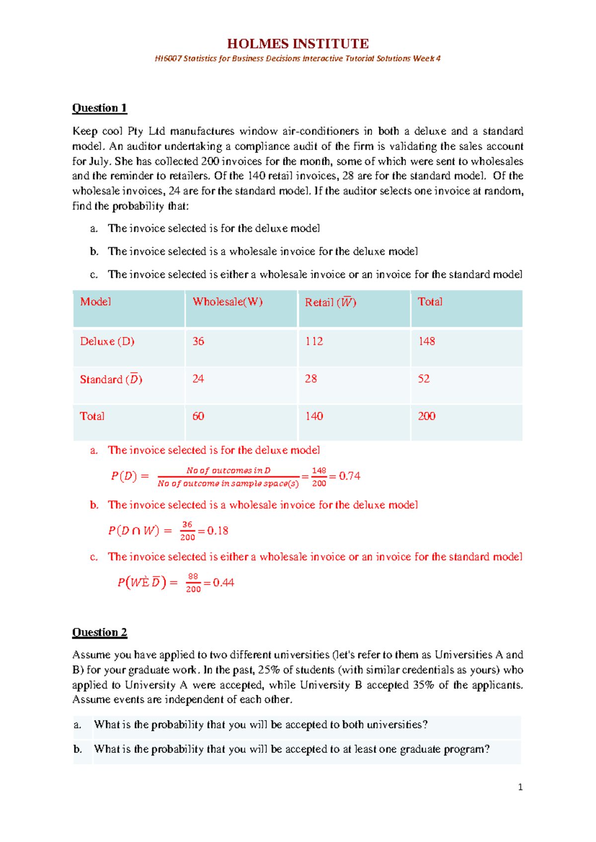 HI6007 Week 4 Interactive Tutorial Solutions - HOLMES INSTITUTE HI6007 ...