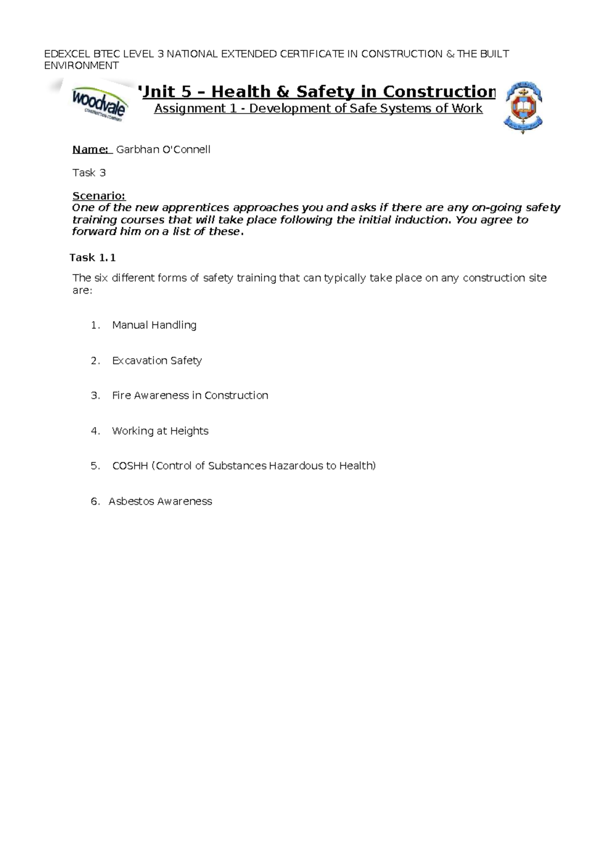 EDEXCEL BTEC Level 3 Unit 5 Health & Safety in Construction Task 3 ...