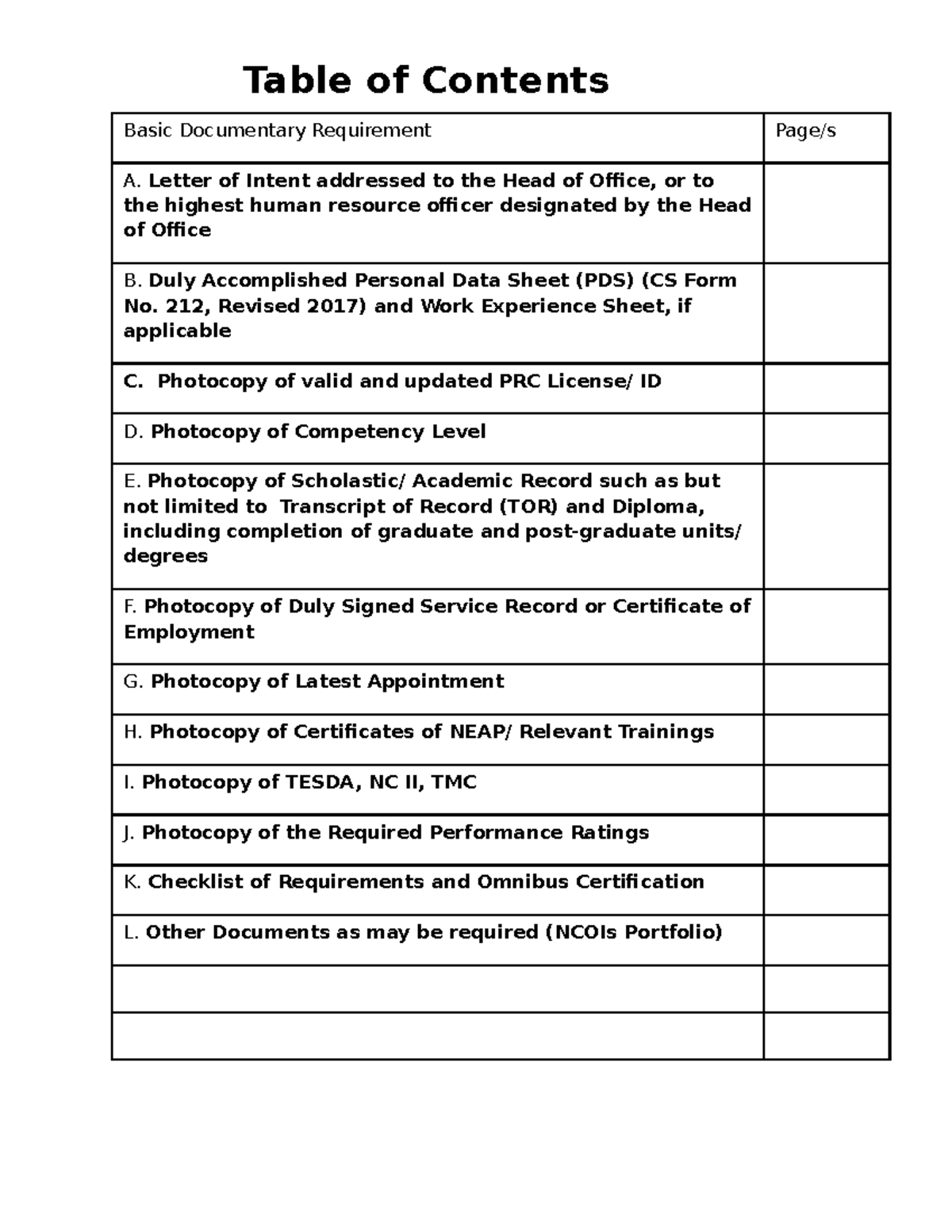 Table of Contents: Basic Documentary Requirements for HR Submission ...