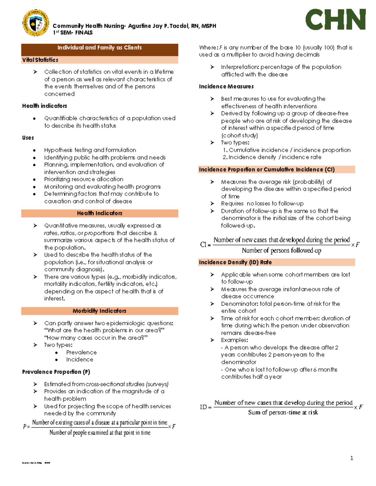 CHN-1st SEM-Finals-Epidemiology and Health Indicators Overview - Studocu