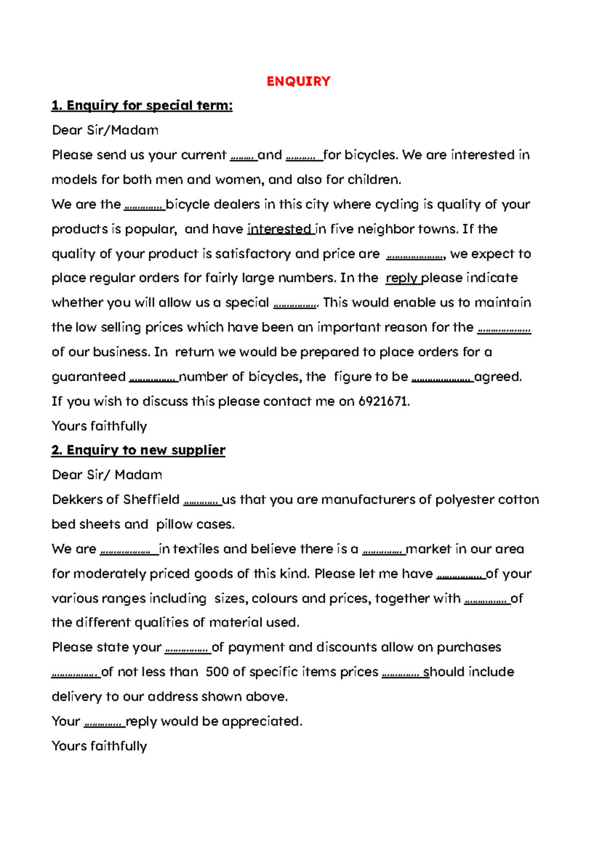 ENQUIRY 1: Special Terms for Bicycles, Textiles, and More - Studocu