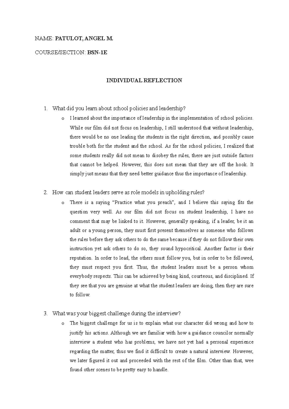 EDUC 101: Individual Reflection on School Policies & Leadership - Studocu