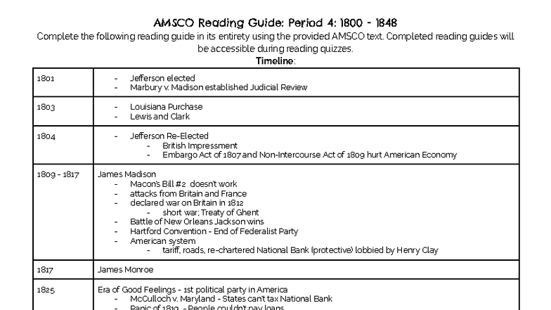 AMSCO Reading Guide: Period 4 (1800-1848) for APUSH - Studocu