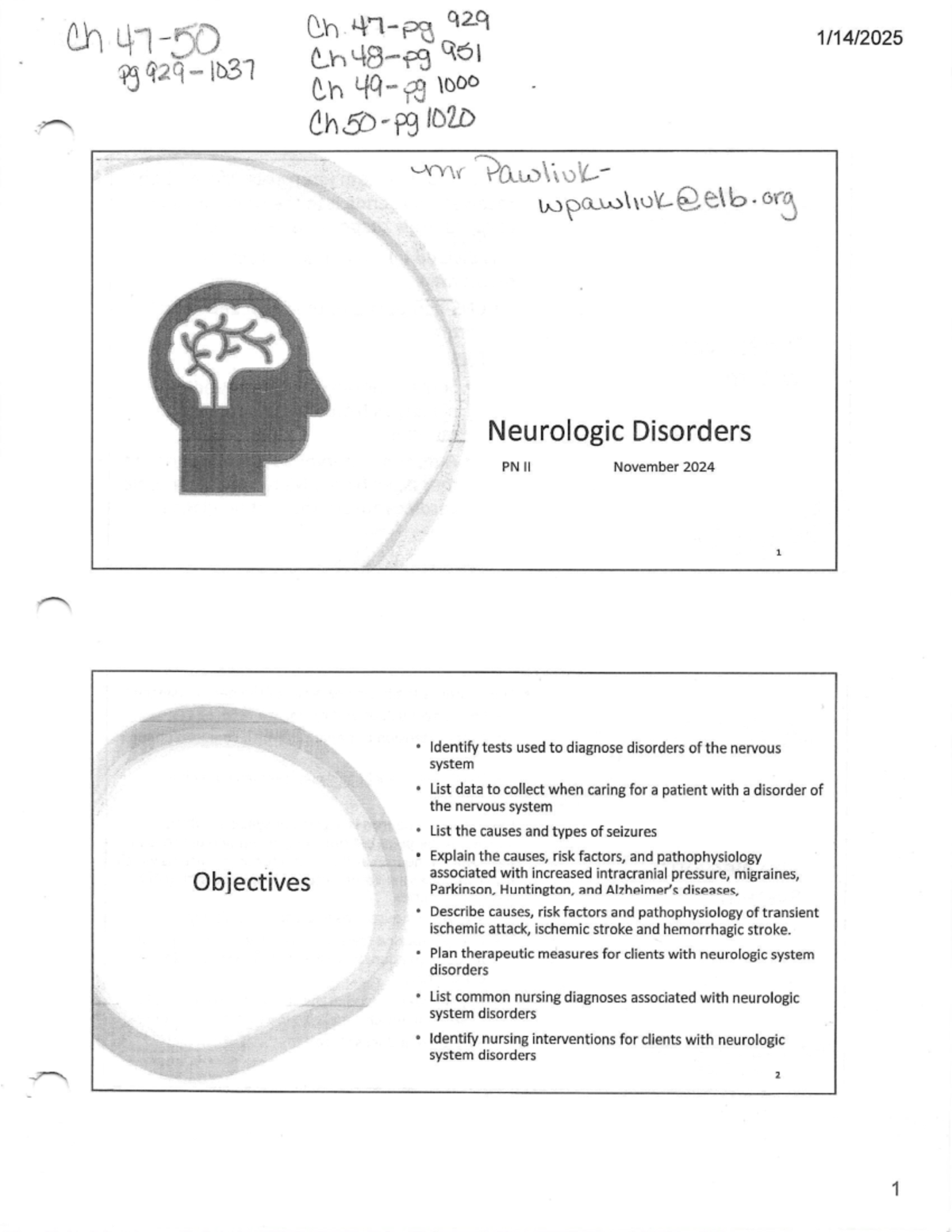 Neurologic Disorders - notes - ch Ch 929 951 pg Ch Ch50 1020 mr ...
