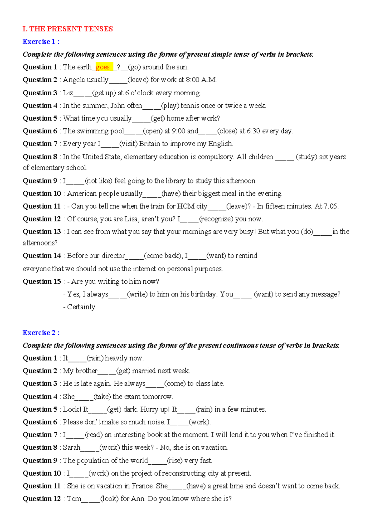 I. Present Tenses - Comprehensive Exercises (ENG 101) - Studocu