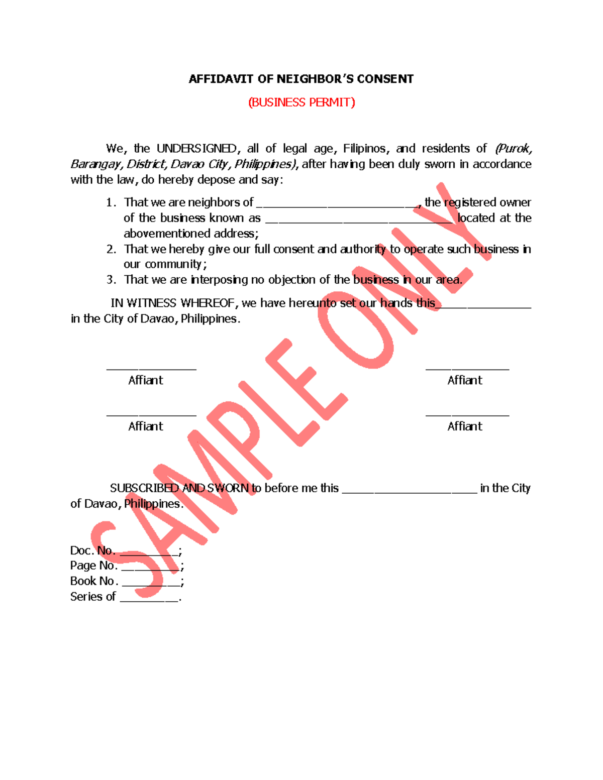 Neighbors' Consent Affidavit for Business Permit Application - Studocu