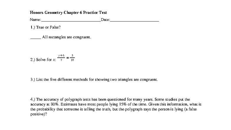 Honors Geometry Chapter 6 Practice Test (Version 1) Solutions Guide ...