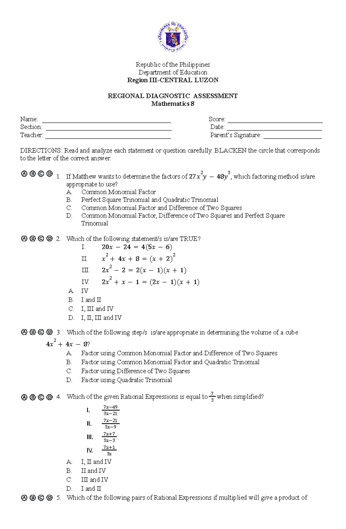 Regional Diagnostic Assessment MATH 8 - Final Achievement Test - Studocu