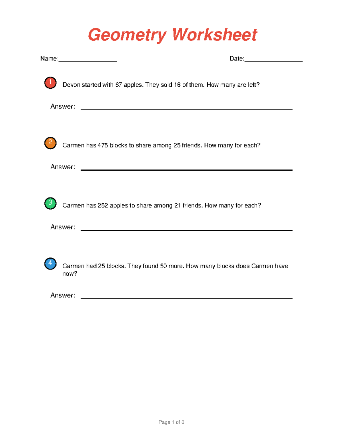 Geometry Worksheet 1: Basic Math Problems and Solutions - Studocu