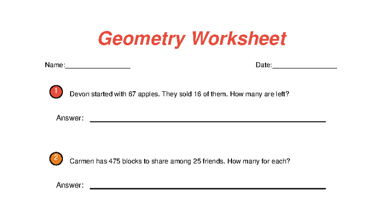 Geometry Worksheet 1: Basic Math Problems and Solutions - Studocu