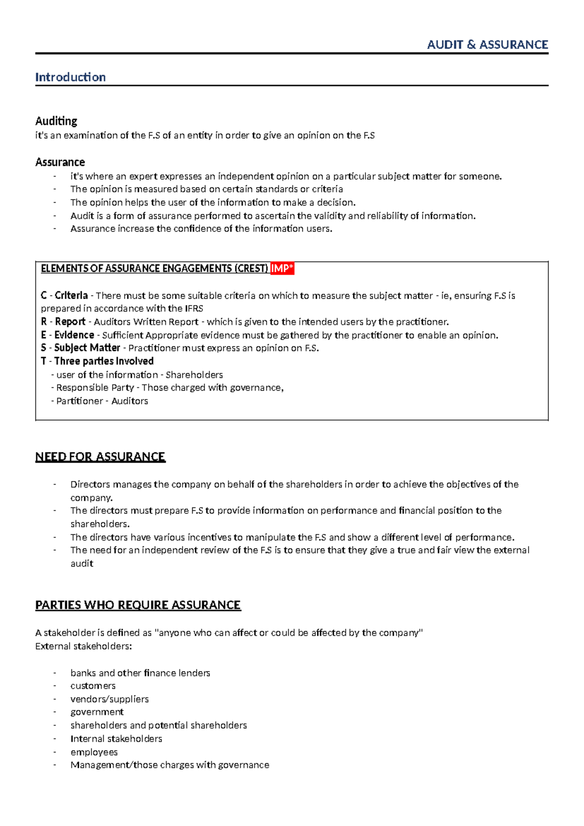 AUDIT 101: Comprehensive Notes on Assurance Engagements and Standards ...