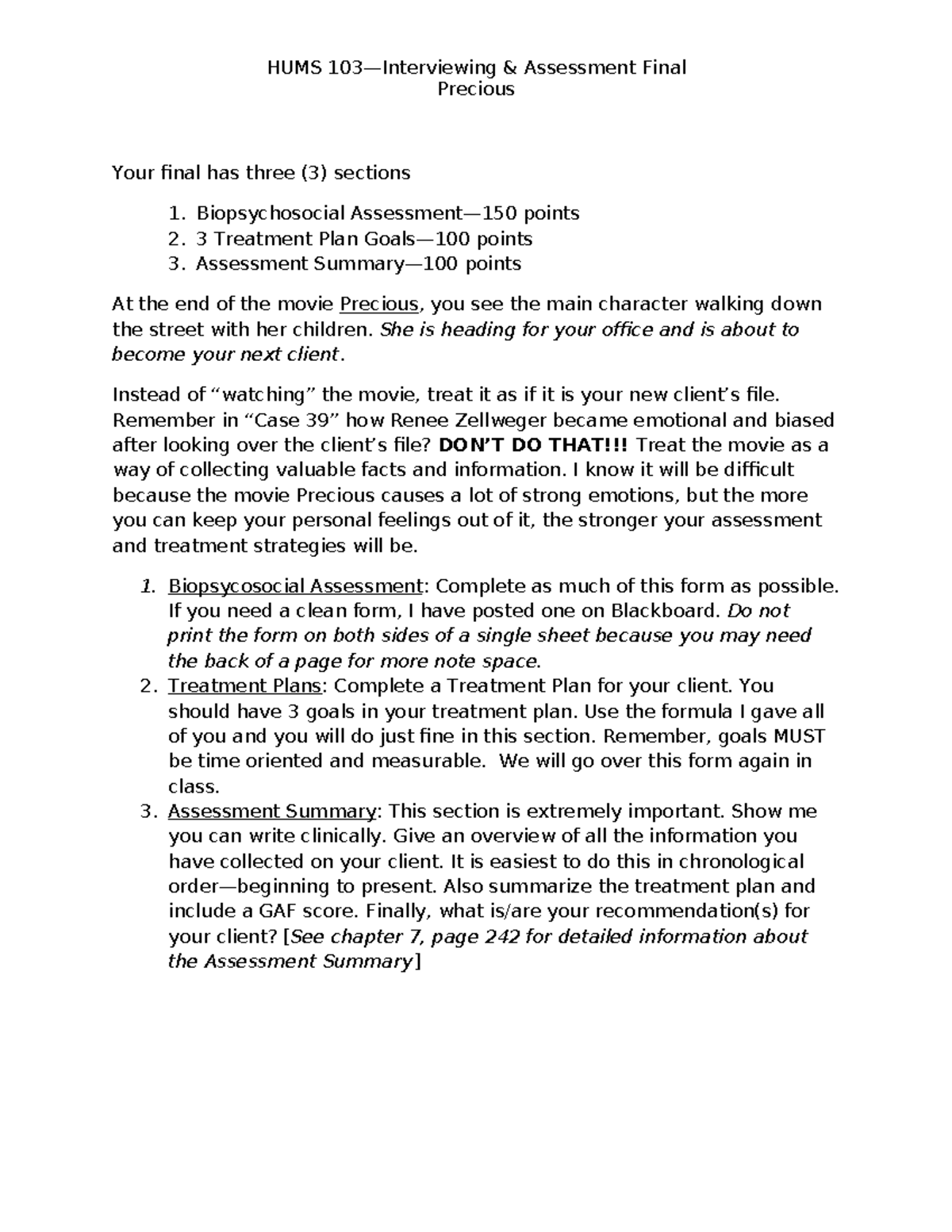 HUMS 103 Final Exam: Interviewing & Assessment for 'Precious' - Studocu
