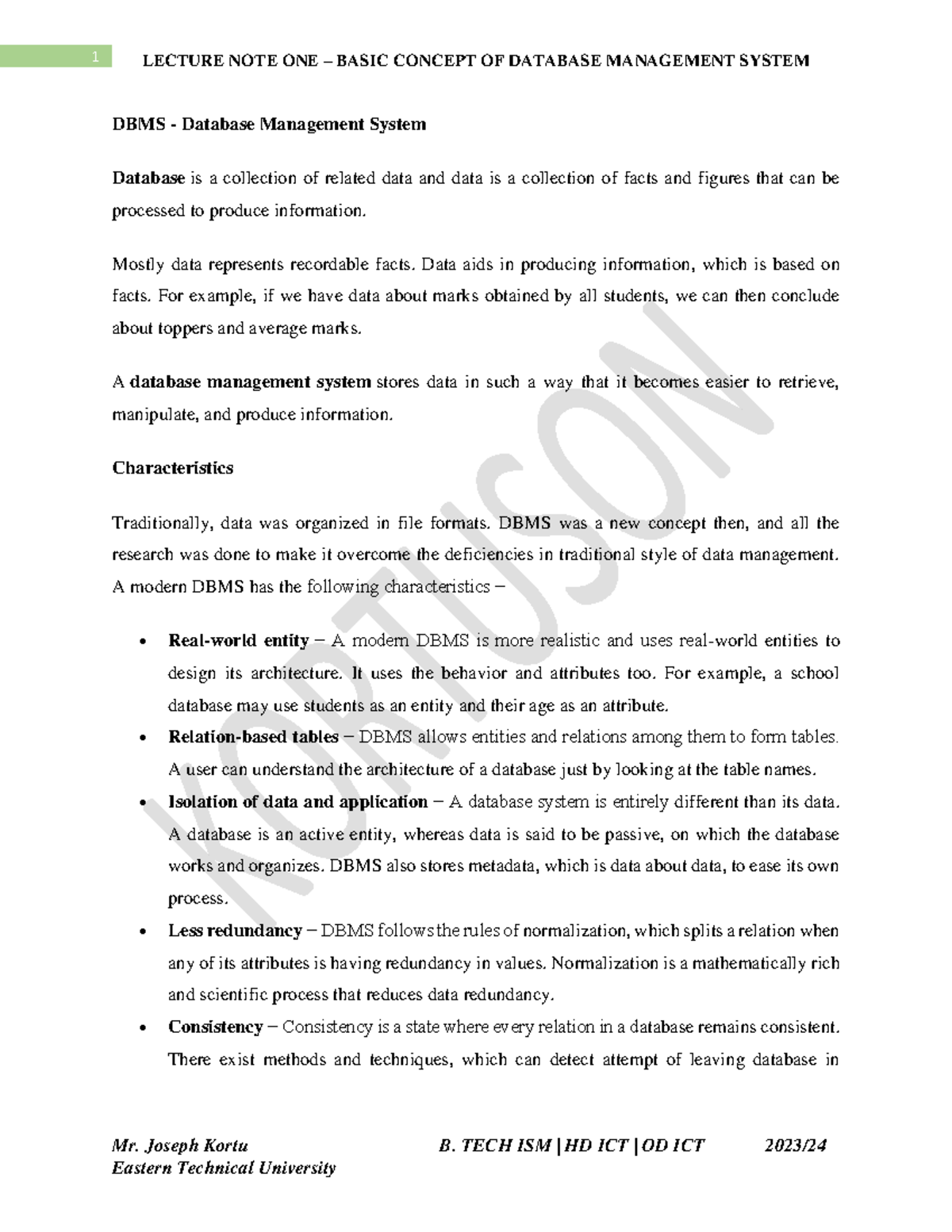 DBMS 101: Lecture Notes on Basic Concepts of Database Management System ...