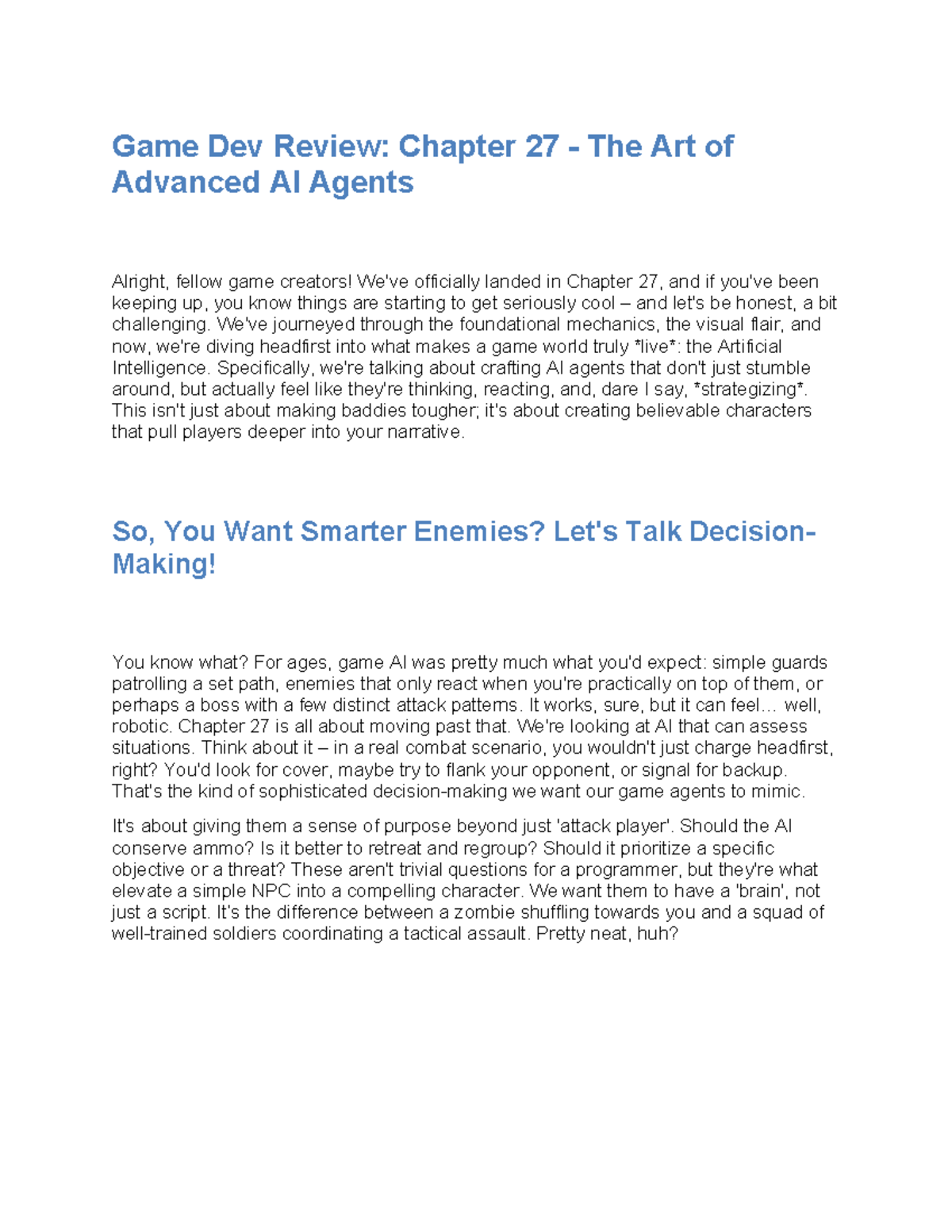 Game Dev Mastery: Chapter 27 - The Art of Advanced AI Agents - Studocu