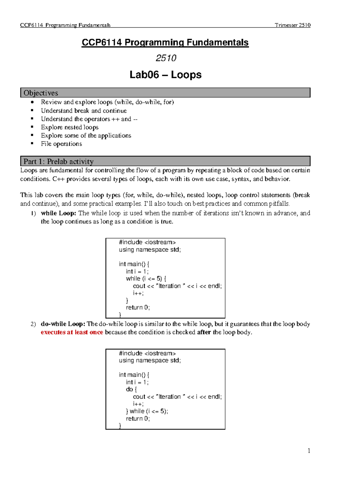 CCP6114 Programming Fundamentals Trimester 2510 Lab06: Exploring Loops and - Studocu