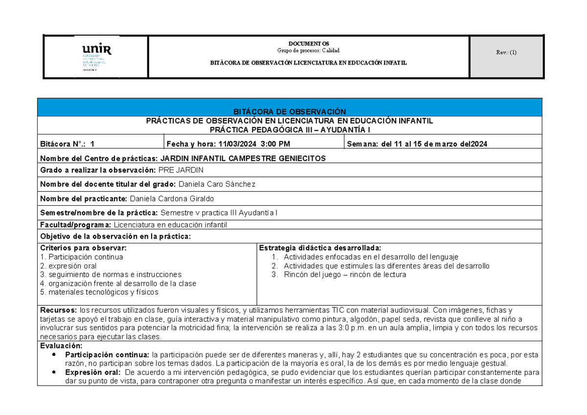 Act1 bitacora observacion 1 UNIR - DOCUMENTOS Grupo de procesos: Calidad BITÁCORA DE OBSERVACIÓN ...