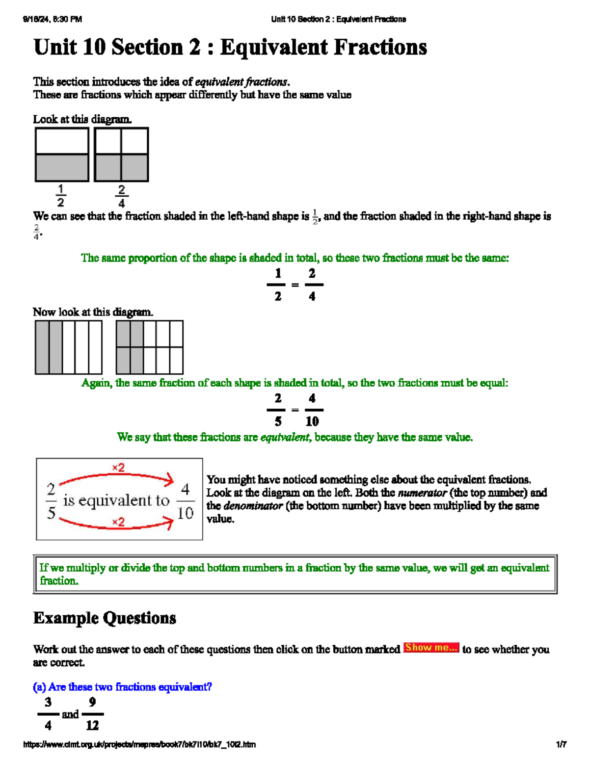 Unit 10 Section 2: Understanding Equivalent Fractions and Exercises - Studocu