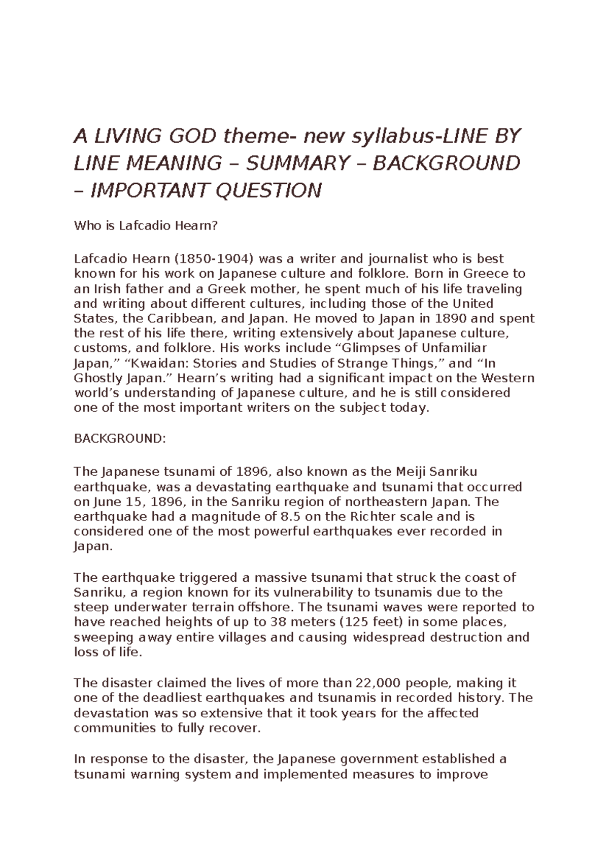 A Living God - Exam Notes on Lafcadio Hearn's Works and Impact - Studocu