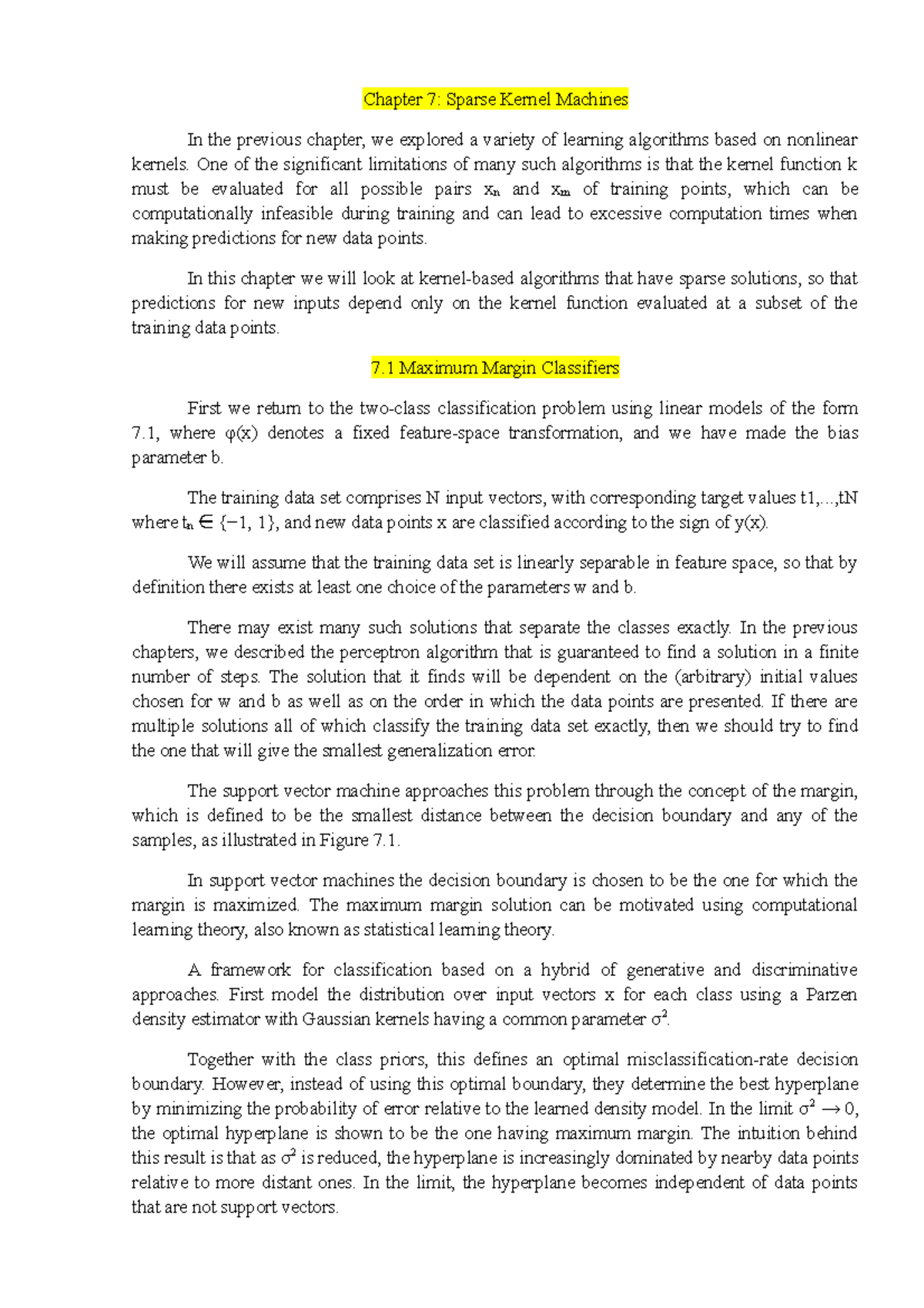 The summary of chapter 7 ML Erzhena - Chapter 7: Sparse Kernel Machines ...