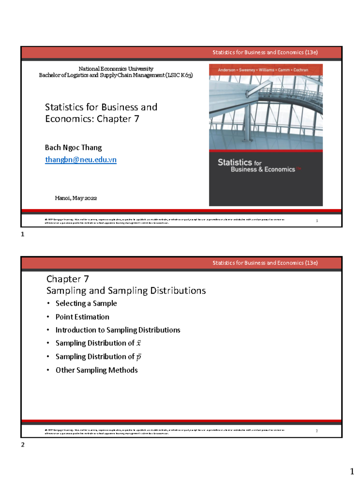 Lecture 9 Chap. 7 Sampling and sampling distribution to Students - © 2017 Cengage Learning. May ...