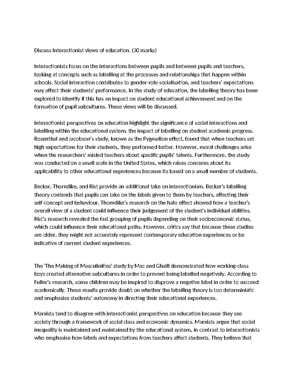 Interactionist Perspectives on Education: A Critical Analysis - Studocu