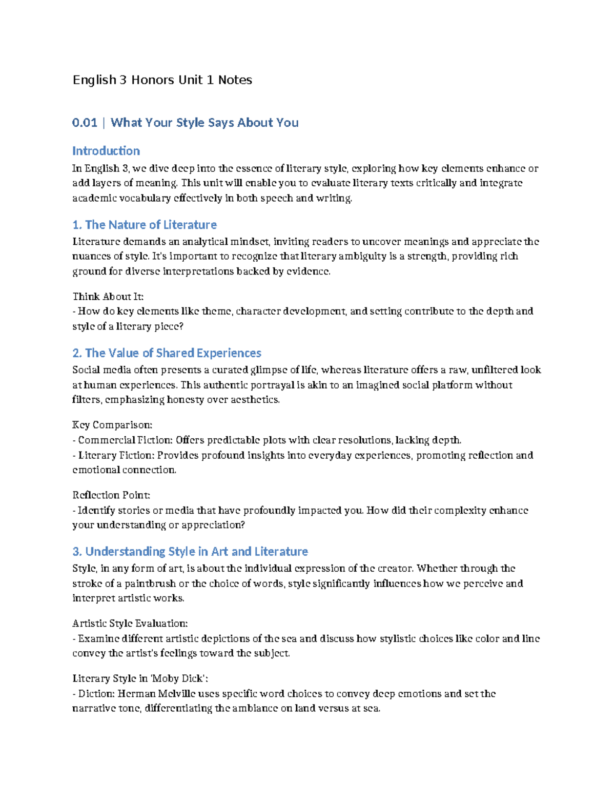 English 3 Honors | Unit 1: Understanding Literary Style and Analysis ...
