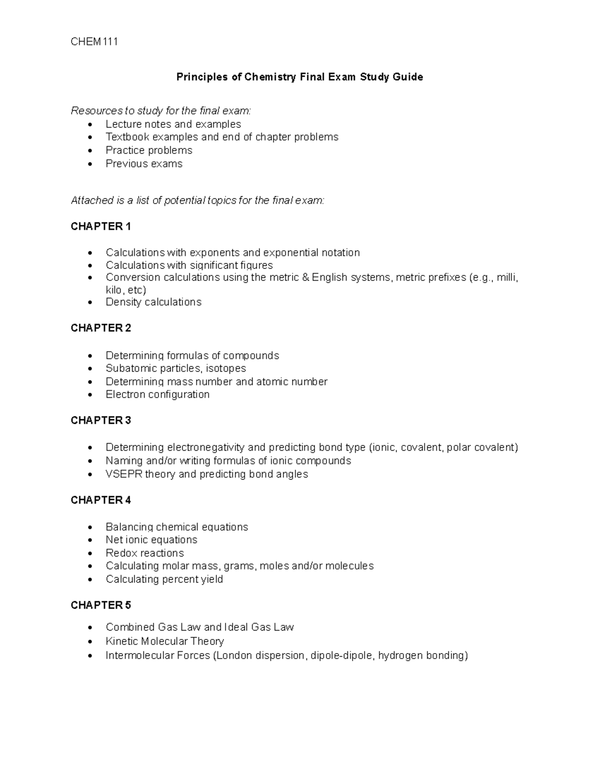 CHEM111 Final Exam Study Guide: Principles of Chemistry Topics - CHEM ...