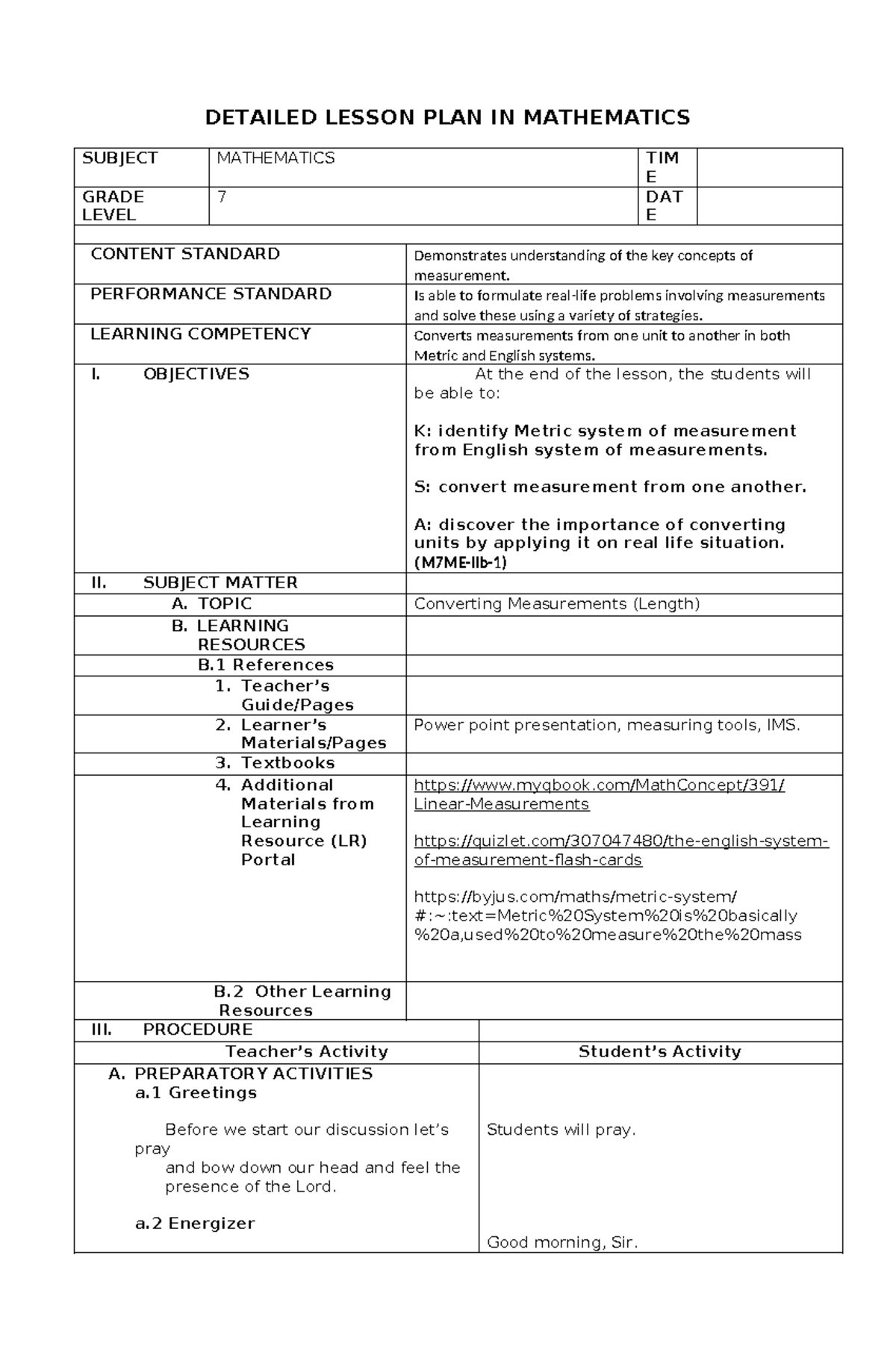 Mathematics Lesson Plan: Converting Measurements (Grade 7) - Studocu