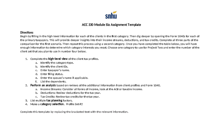 ACC 330 6-1 Assignment: Tax Planning Client Profile Comparison - Studocu