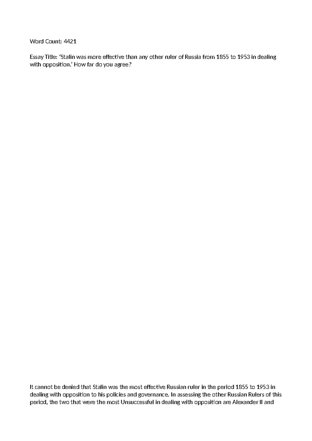 AO1 Essay: Evaluating Stalin's Effectiveness vs. Other Russian Rulers ...