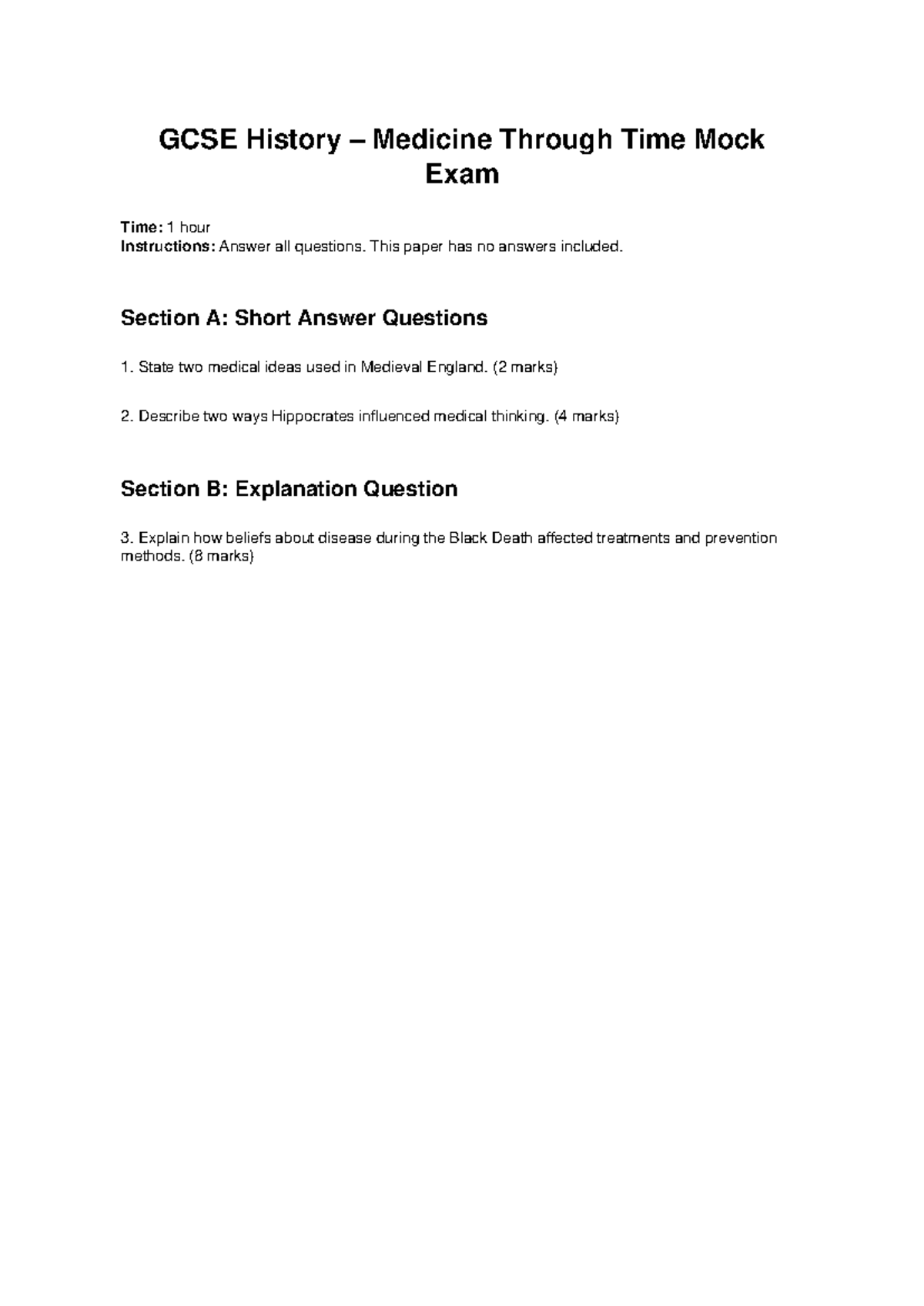 GCSE History Medicine Through Time Mock Exam Guide - Studocu