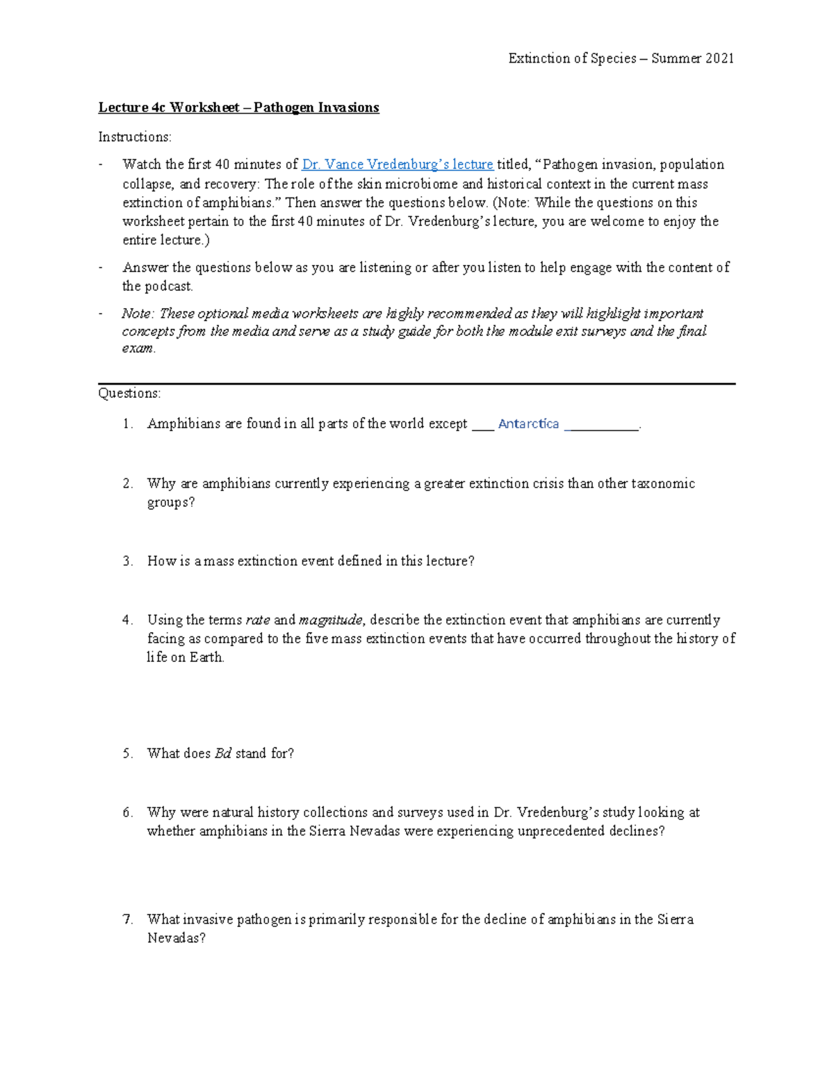 4c - Worksheets on Pathogen Invasions and Amphibian Extinction - Studocu