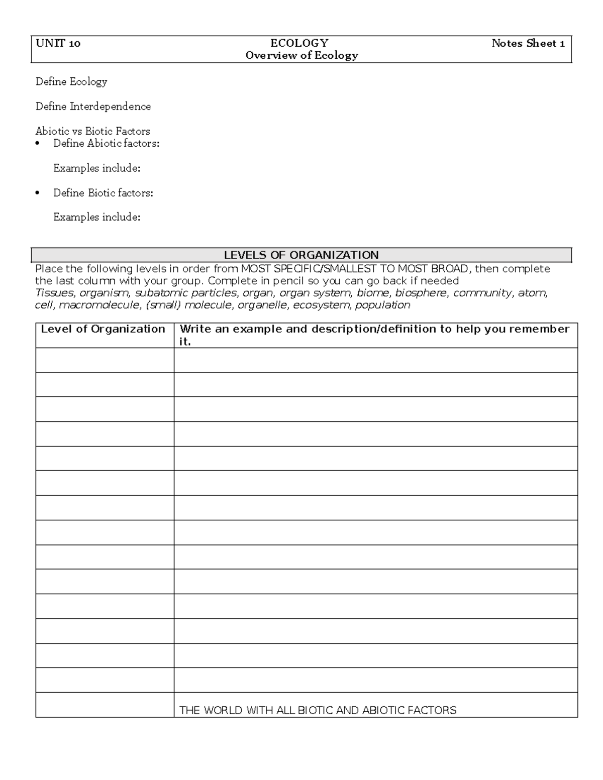 Notes Sheet 1-2020-Levels of Organization and Biotic vs Abiotic - UNIT ...