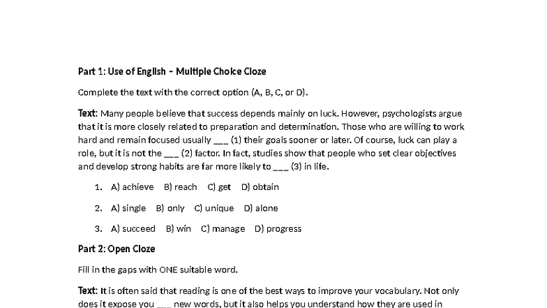 Use of English: Multiple Choice & Cloze Exercises (Part 1) - Studocu