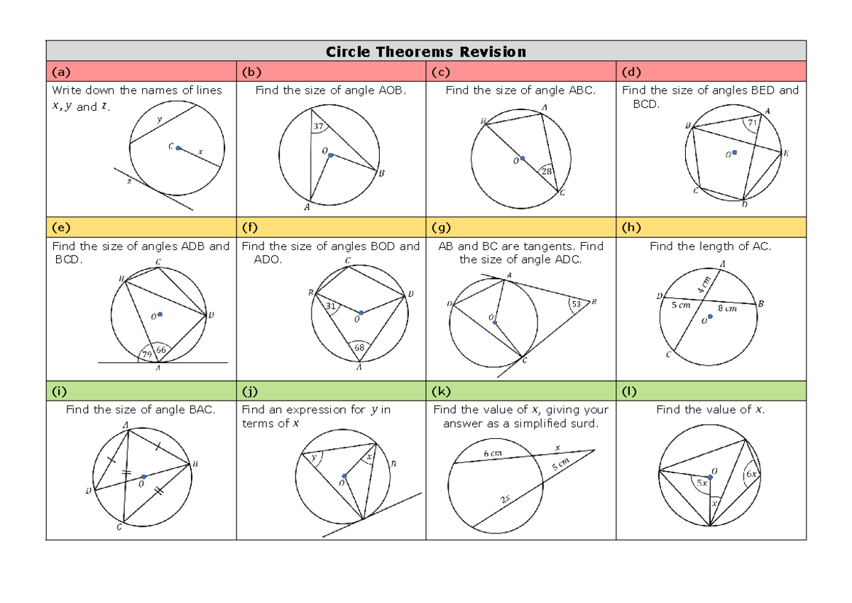 Circle Theorems Revision Practice Grid - Circle Theorems Revision (a) (b) (c) (d) Write down the ...